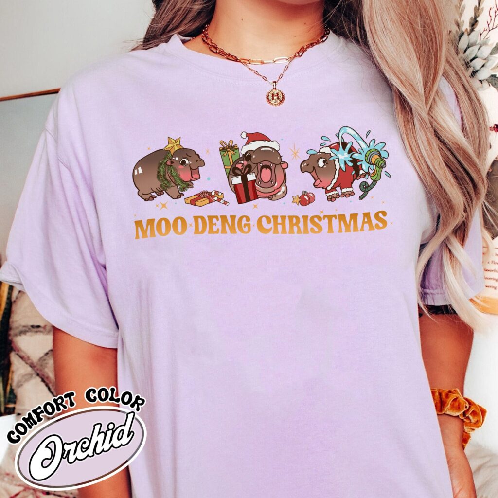 Christmas Moo Deng Comfort Color Shirt - Baby Pygmy Hippopotamus Moo ...